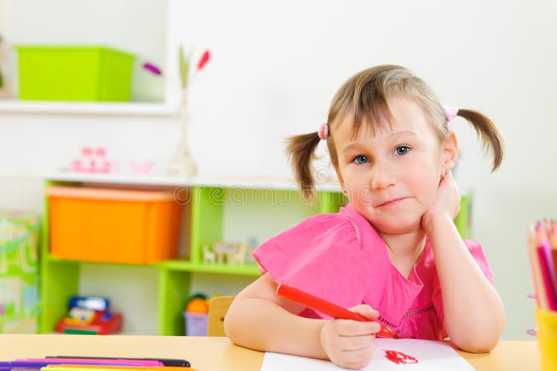 Cute Little Girl Study at Home Stock Photo - Image of drawing, cute ...