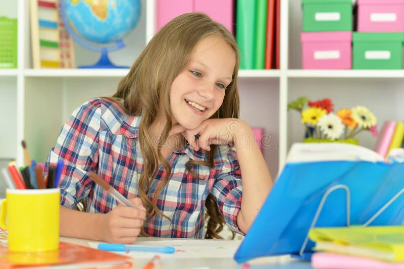 Little Girl Studying at Home at the Table Stock Image - Image of ...