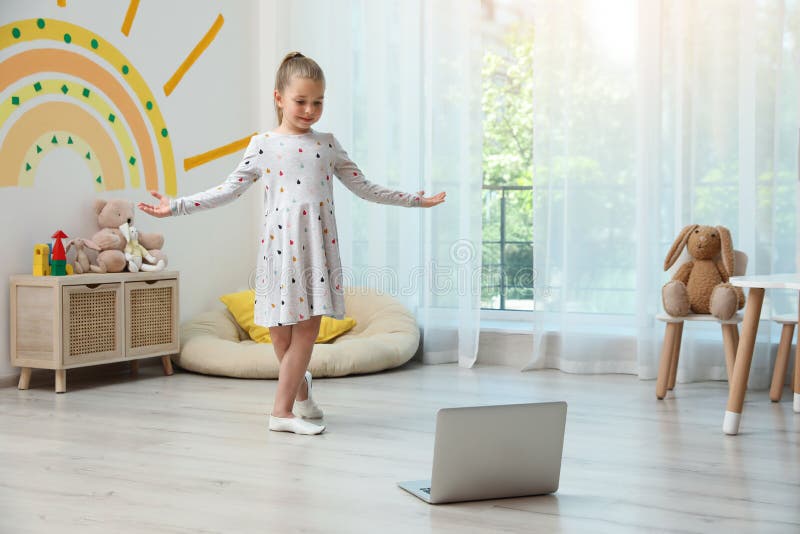 Cute Little Girl Taking Dance Class at Home Stock Photo - Image of ...