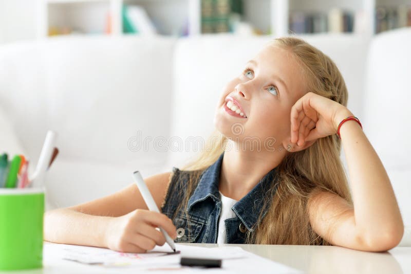 Cute Little Girl Thinking about Something Stock Photo - Image of girl ...