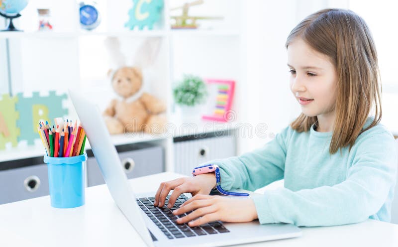 Cute Little Girl Using Computer Stock Image - Image of device, exams ...