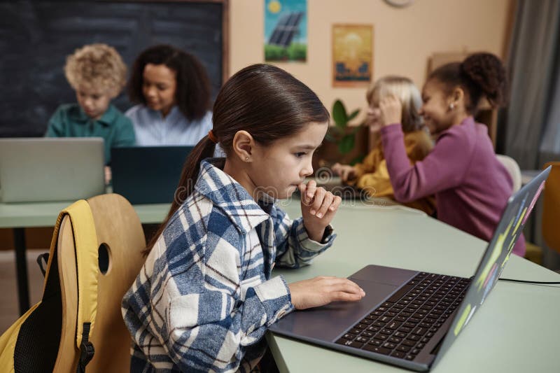 Cute Little Girl Using Laptop Computer in it Class Stock Image - Image ...