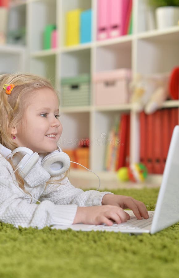 Cute Little Girl Using Laptop Stock Image - Image of modern, little ...