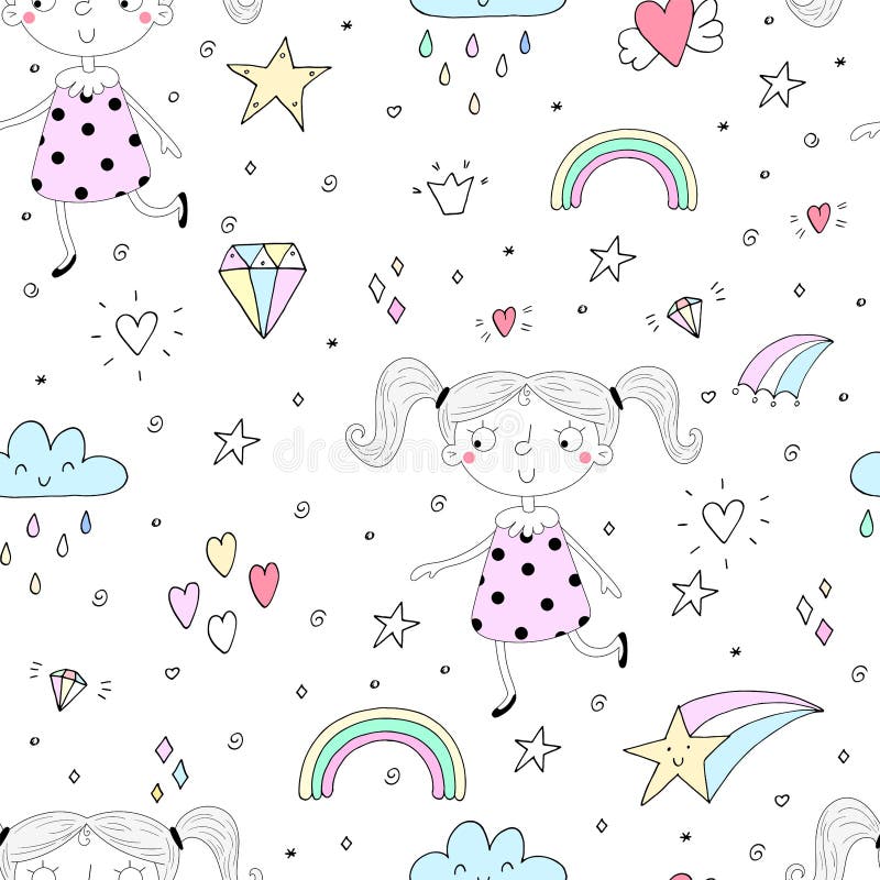 Cute Little Girl Vector Seamless Pattern Illustration Stock Vector ...