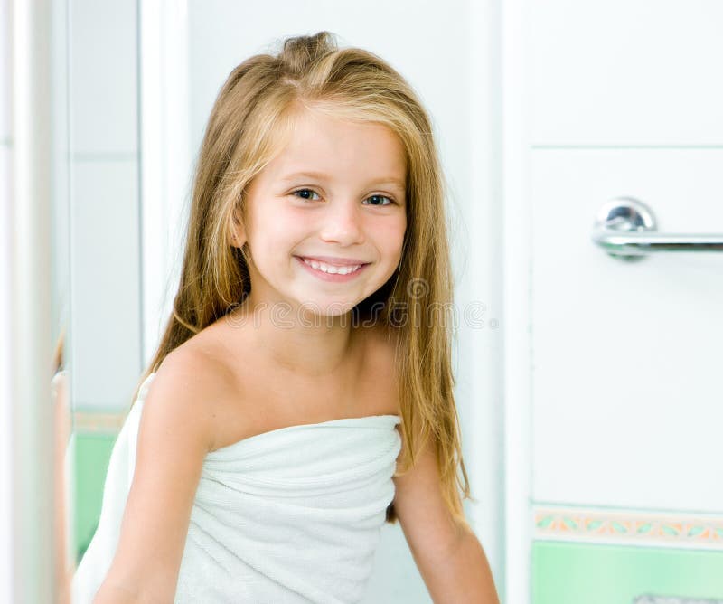 Cute Little Girl in White Pink Dress Sitting on Toilet with Toilet ...