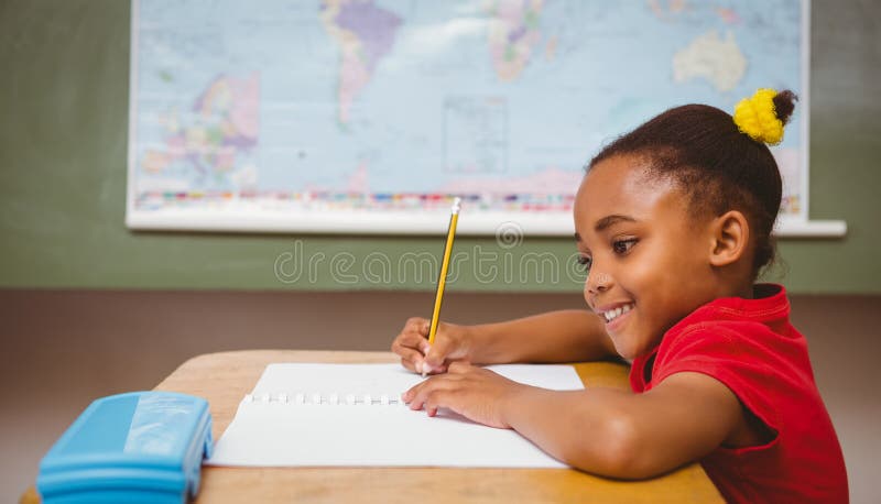 Cute Little Girl Writing Book in Classroom Stock Image - Image of ...
