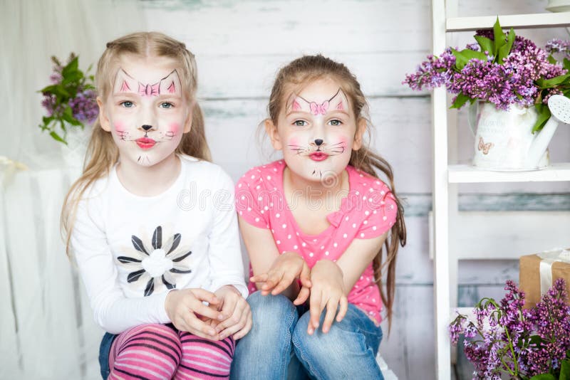 Cute Little Girls in Spring Studio Stock Photo - Image of spring ...
