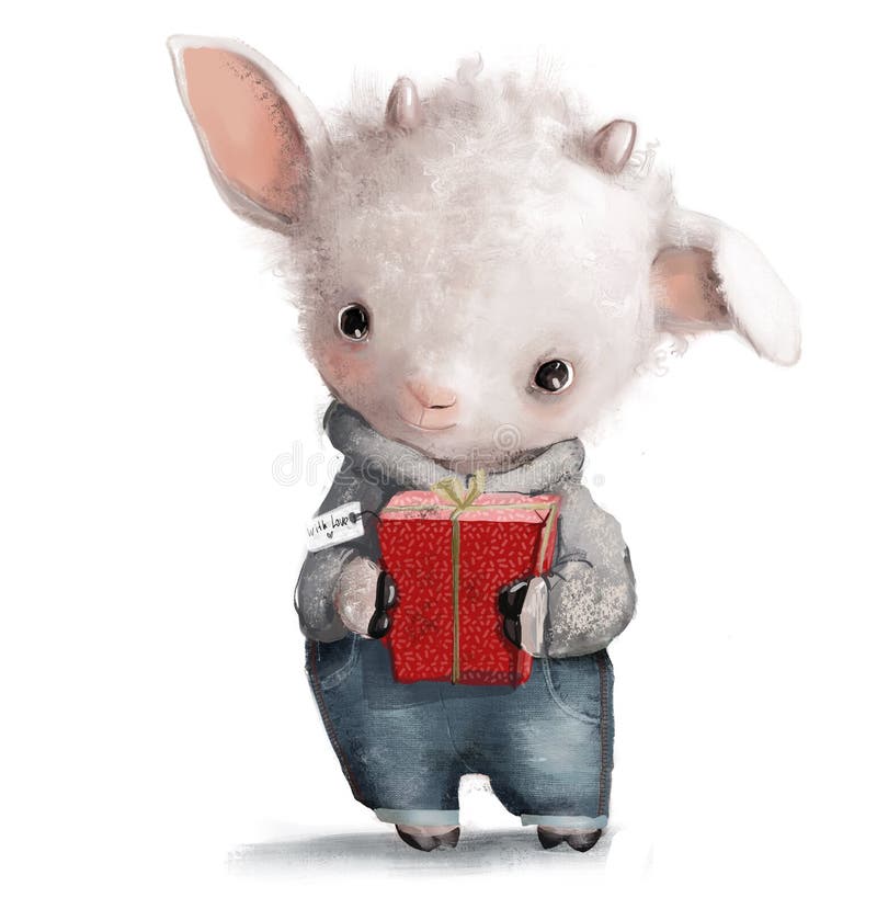 Cute Little Goat Character with Red Present Box Stock Illustration ...