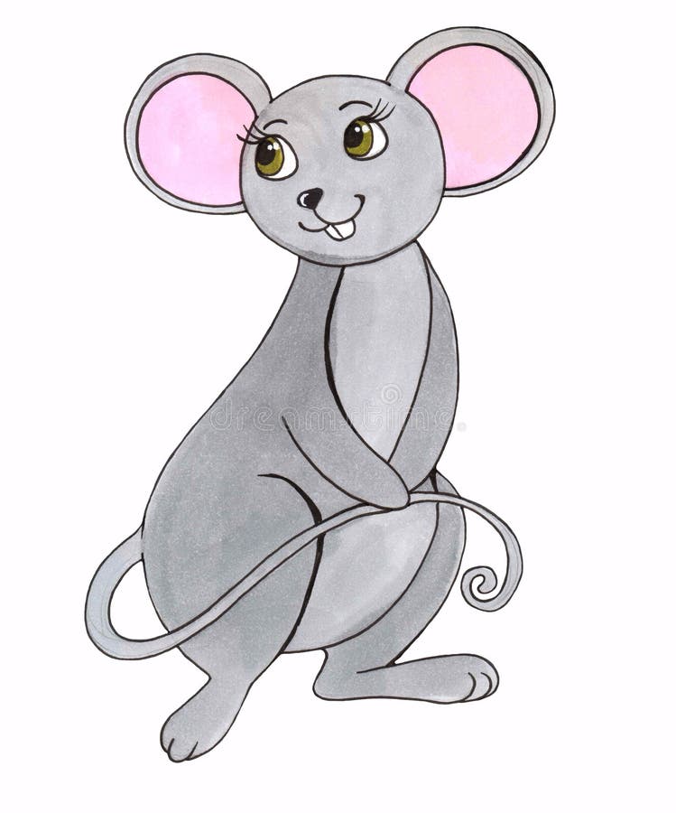 Hand Drawn Cute Cartoon Little Blue Mouse with a Bow in a Yellow Dress ...