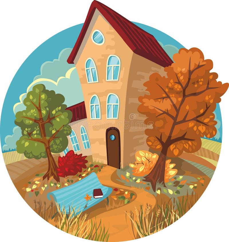 A Cute Little House, Autumn Trees and Benches in a Stock Vector ...