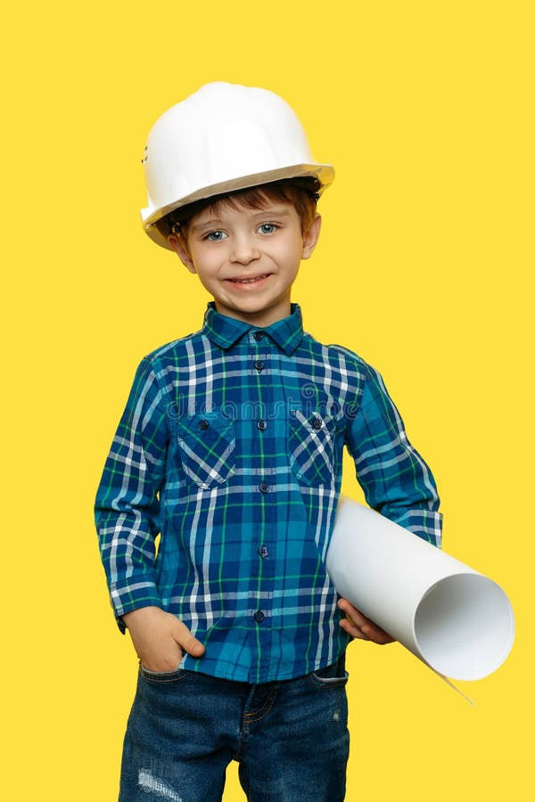Cute Little Kid Boy Engineer or Architect in a Protective Helmet ...