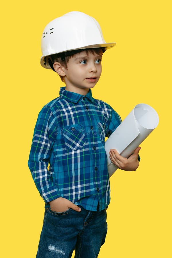 Cute Little Kid Boy Engineer or Architect in a Protective Helmet ...