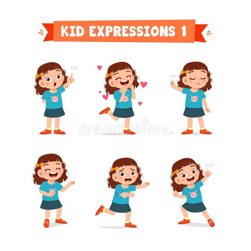 Cute Little Kid Girl in Various Expressions and Gesture Set Stock ...