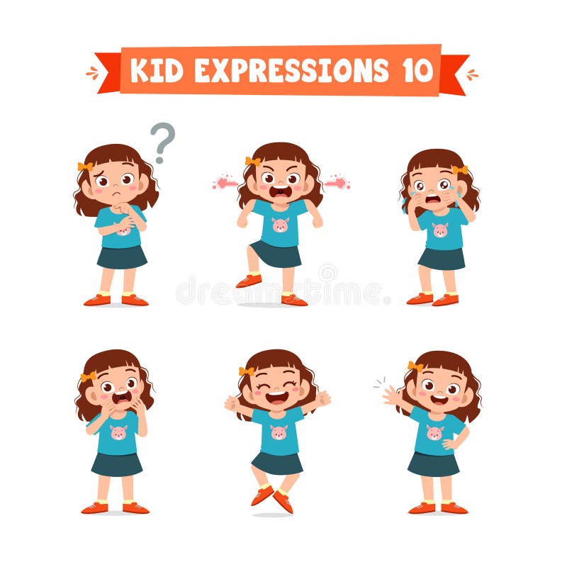 Cute Little Kid Girl in Various Expressions and Gesture Set Stock ...