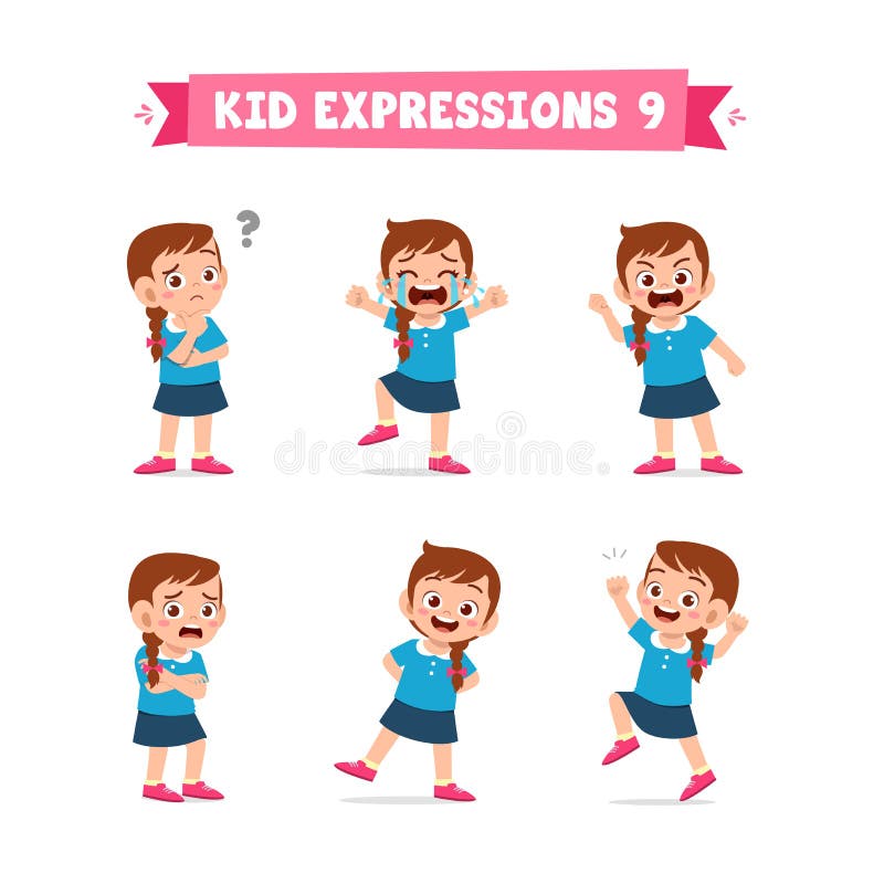 Cute Little Kid Girl in Various Expressions and Gesture Set Stock ...