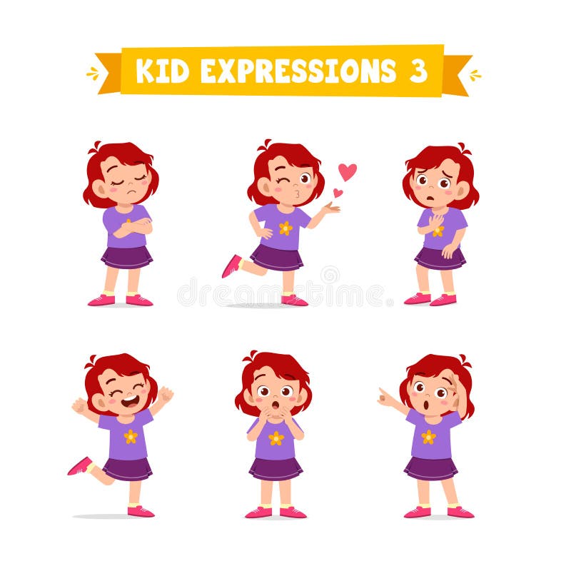 Cute Little Kid Girl in Various Expressions and Gesture Set Stock ...