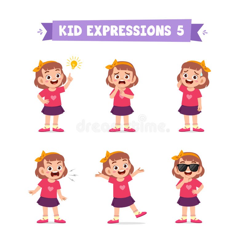 Cute Little Kid Girl in Various Expressions and Gesture Set Stock ...