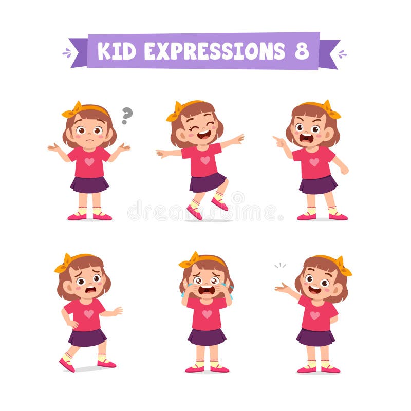 Cute Little Kid Girl in Various Expressions and Gesture Set Stock ...