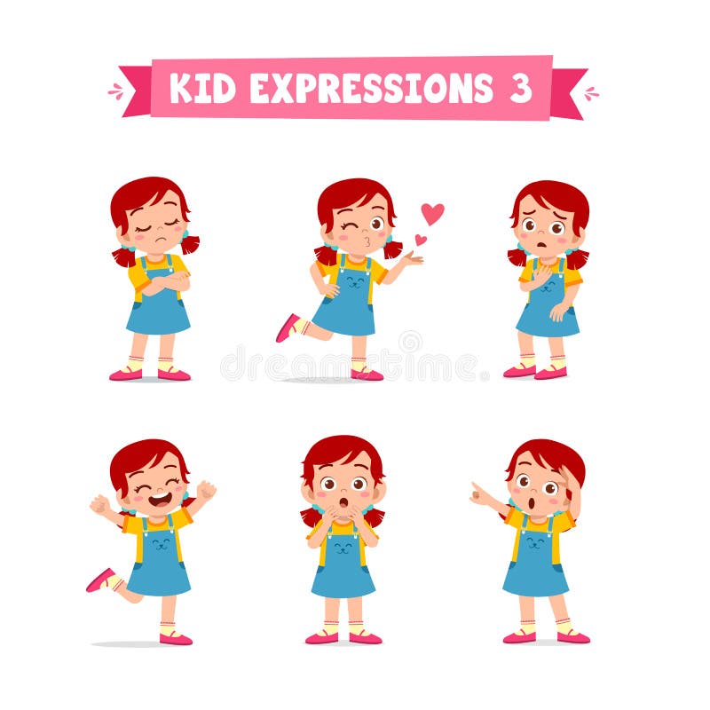 Cute Little Kid Girl in Various Expressions and Gesture Set Stock ...