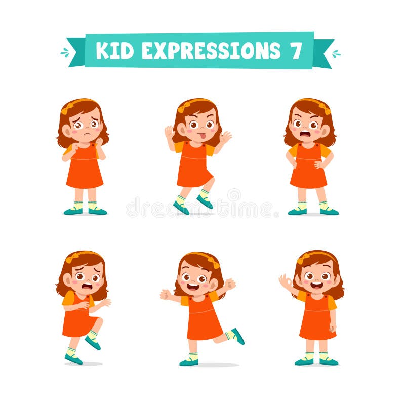 Cute Little Kid Girl in Various Expressions and Gesture Set Stock ...