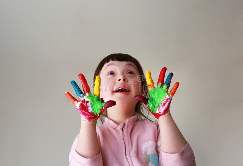 Cute Little Kid with Painted Hands. Isolated on Grey Background Stock ...