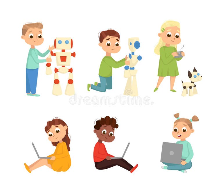 Cute Little Kid Programming and Creating Smart Robot with Laptop Vector ...