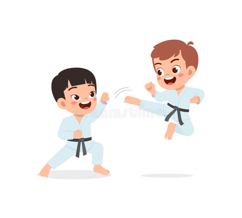 Cute Little Kid Training Karate with Friend Together Stock Vector ...
