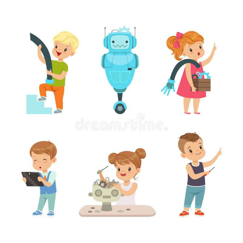 Cute Little Kids Programming and Creating Smart Robots Vector Set Stock ... Cute Little Kids Programming and Creating Smart Robots Vector Set Stock ...
