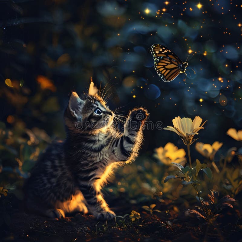 Cute Little Kitten with a Butterfly in the Forest at Sunset Stock ...
