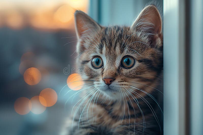 Cute Little Kitten Looking Out of the Window at Sunset. Selective Focus ...