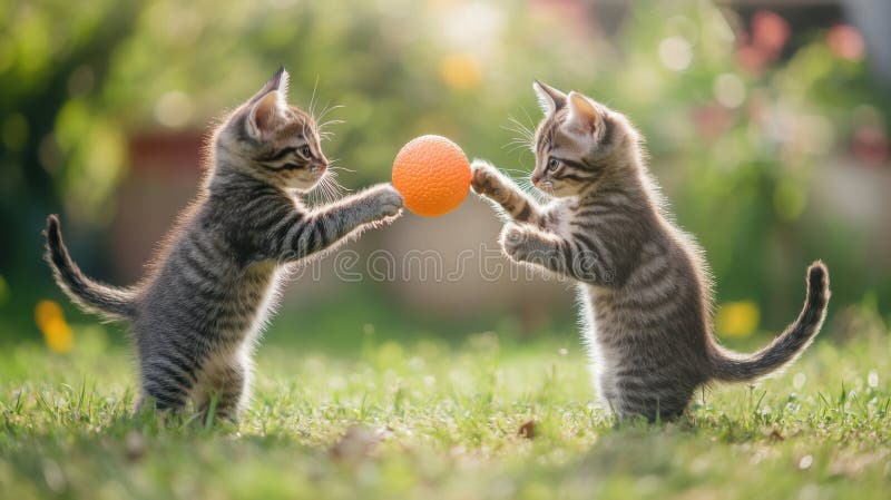 Cute Little Kittens Playing with an Orange Ball in the Garden Stock ...