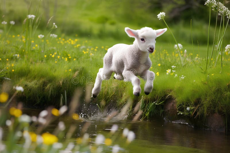 Cute Little Lamb Jumping in a Stream on a Sunny Spring Day Stock ...