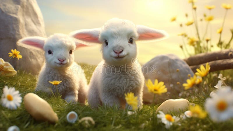 Cute Little Lambs on a Fresh Spring Green Meadow. Easter. Generative AI ...