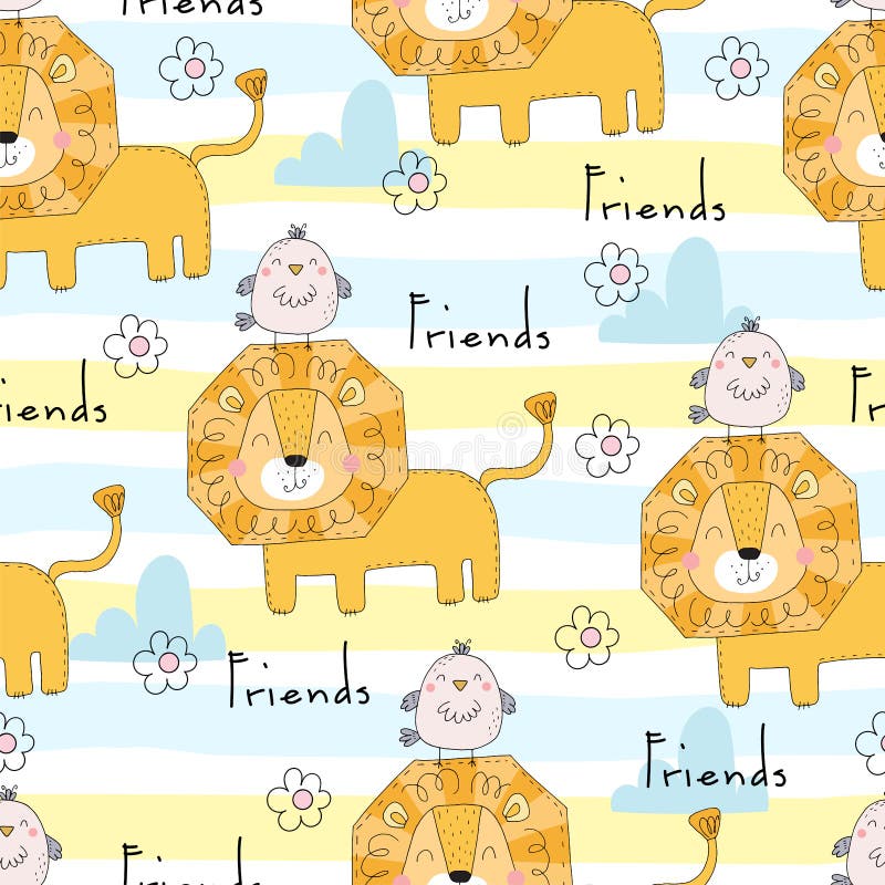 Cute Little Lion Cartoon Style. Vector Pattern, Seamless Vector Pattern ...