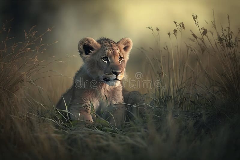 Cute Little Lion Cub. Neural Network AI Generated Stock Photo - Image ...