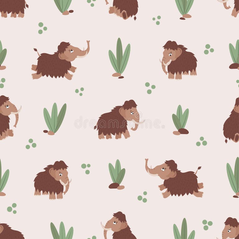 Cute Little Mammoth Seamless Pattern Stock Vector - Illustration of ...