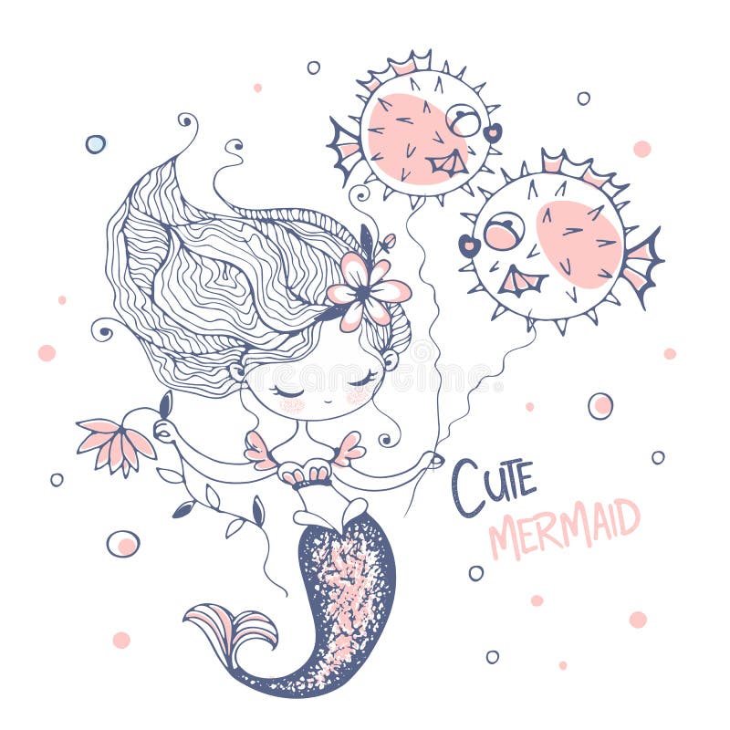 Cute Little Mermaid with Funny Fish-hedgehogs. Vector Stock Vector ...