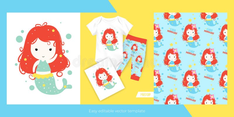 Cute Little Mermaid and Seamless Pattern Design for Kids Stock Vector ...