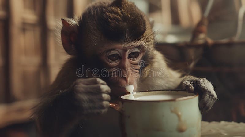 Cute Little Monkey Enjoying a Snack of Milk in an Indoor Setting Stock ...