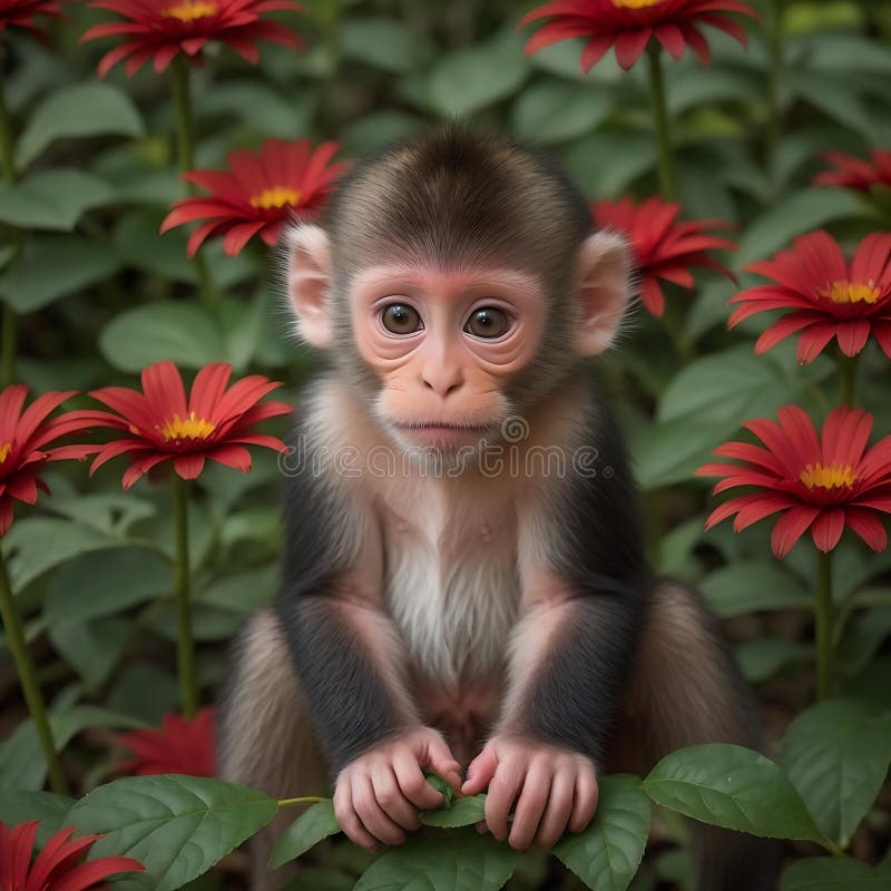 Cute Little Monkey Flower Around Stock Illustration - Illustration of ...