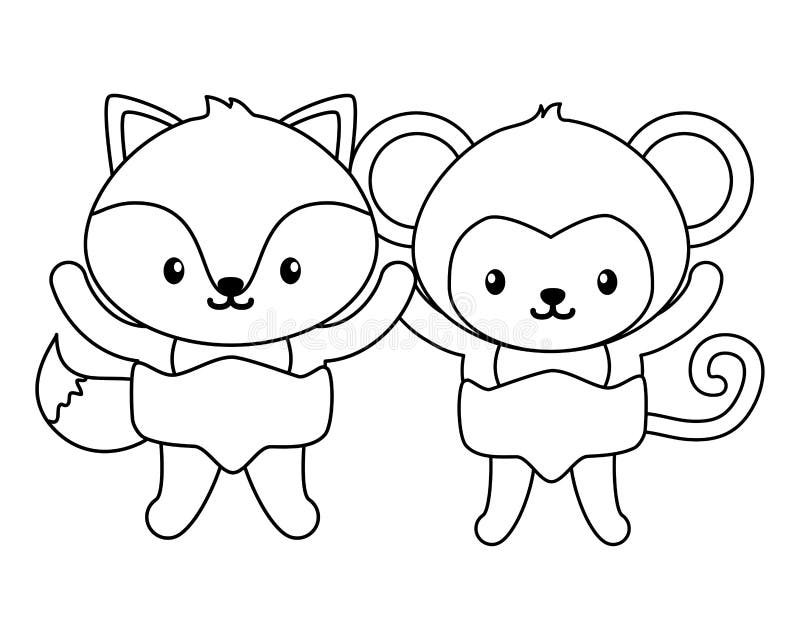 Cute Little Monkey and Fox Characters Stock Illustration - Illustration ...