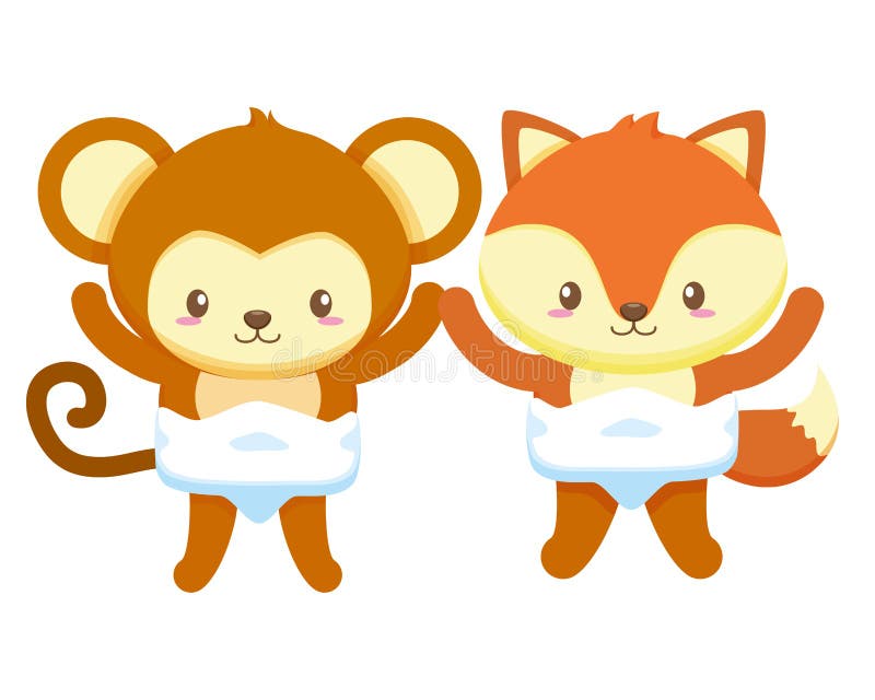 Cute Little Monkey and Fox Characters Stock Illustration - Illustration ...