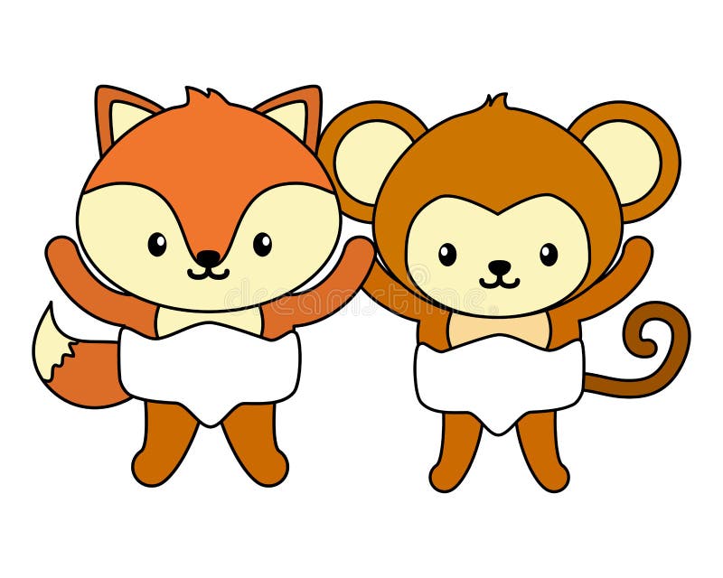 Cute Little Monkey and Fox Characters Stock Illustration - Illustration ...
