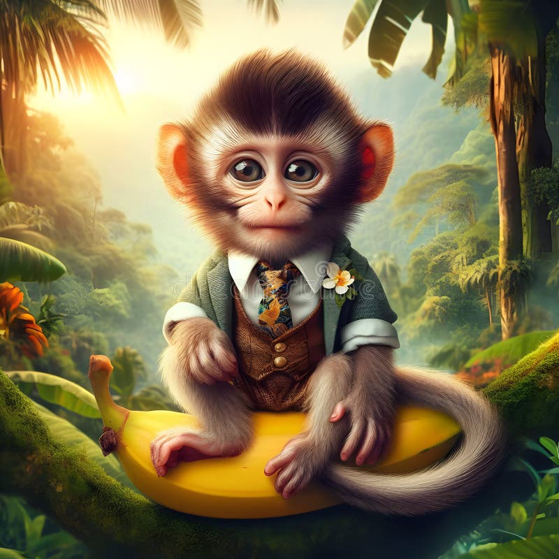 A Cute Little Monkey Sitting on a Tree with Banana in a Stunning Forest ...