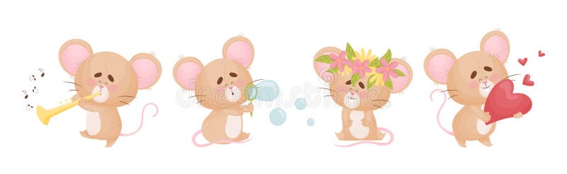 Cute Little Mouse Character Engaged in Different Activity Vector Set ...