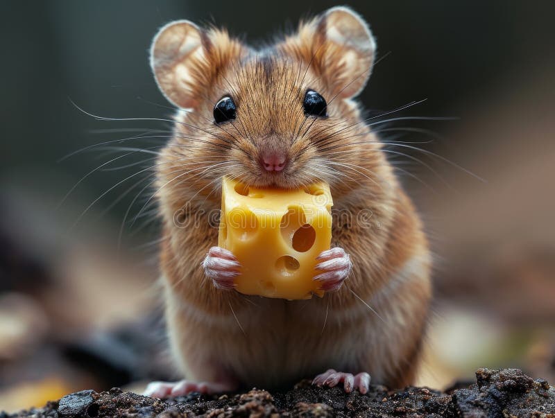 Cute Little Mouse with Cheese in the Park. Little Mouse Eats Cheese ...