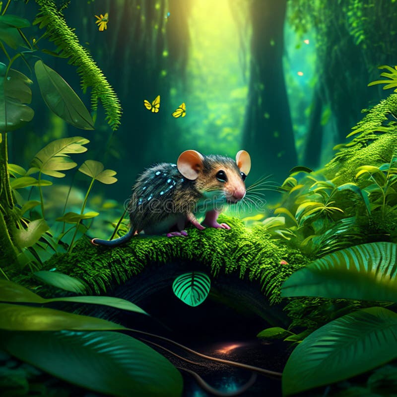 A Cute Little Mouse in the Green Forest. 3d Rendering Stock ...
