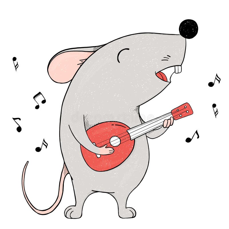 Cute Little Mouse with a Red Guitar Singing on a White Background ...
