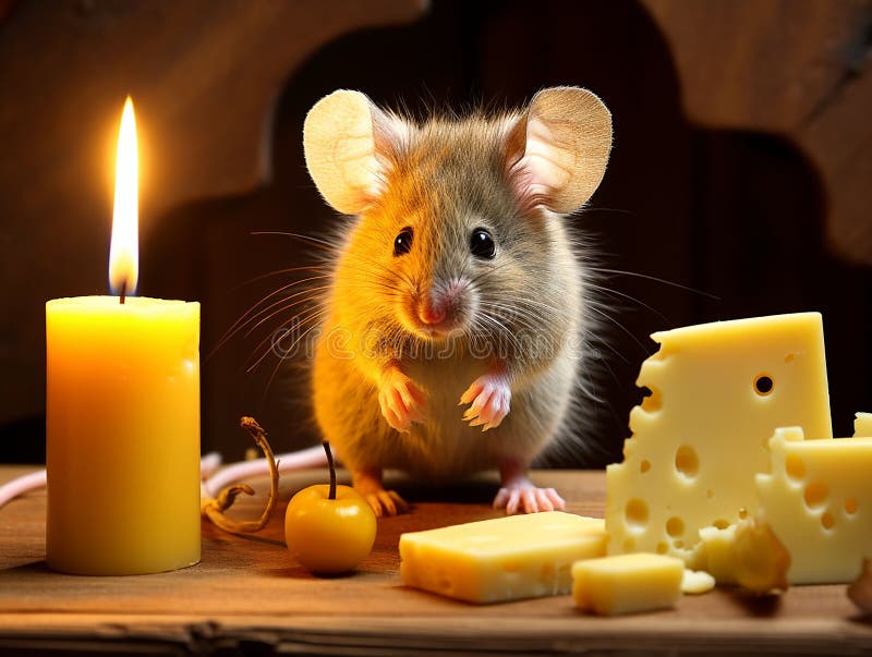 Cute Little Mouse Sitting on Table and Eating Cheese Stock Illustration ...