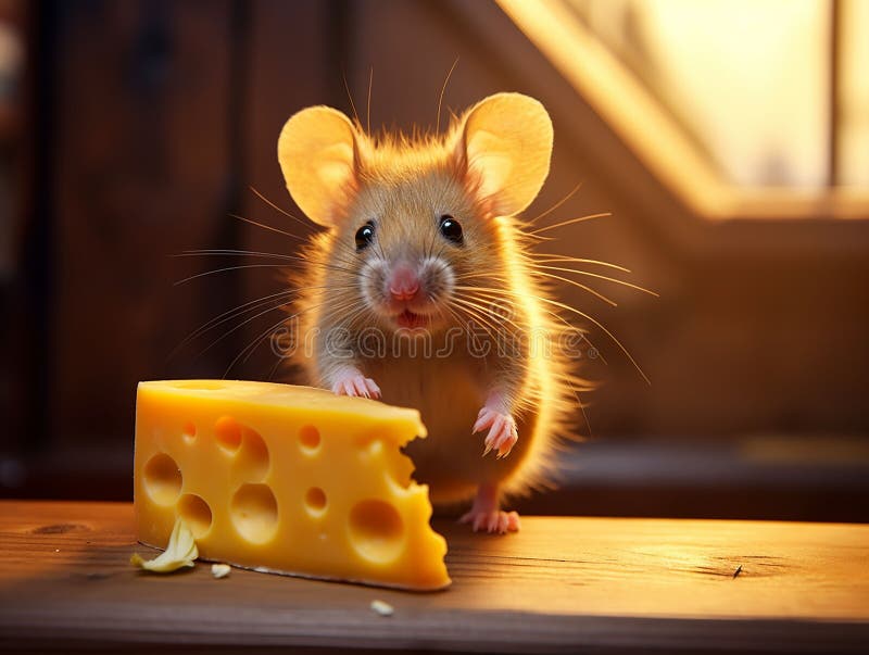 Cute Little Mouse Sitting on Table and Eating Cheese Stock Illustration ...